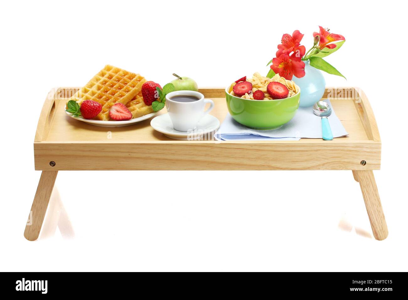 light breakfast on wooden tray isolated on white Stock Photo - Alamy