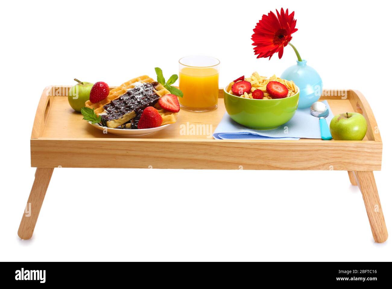 light breakfast on wooden tray isolated on white Stock Photo - Alamy