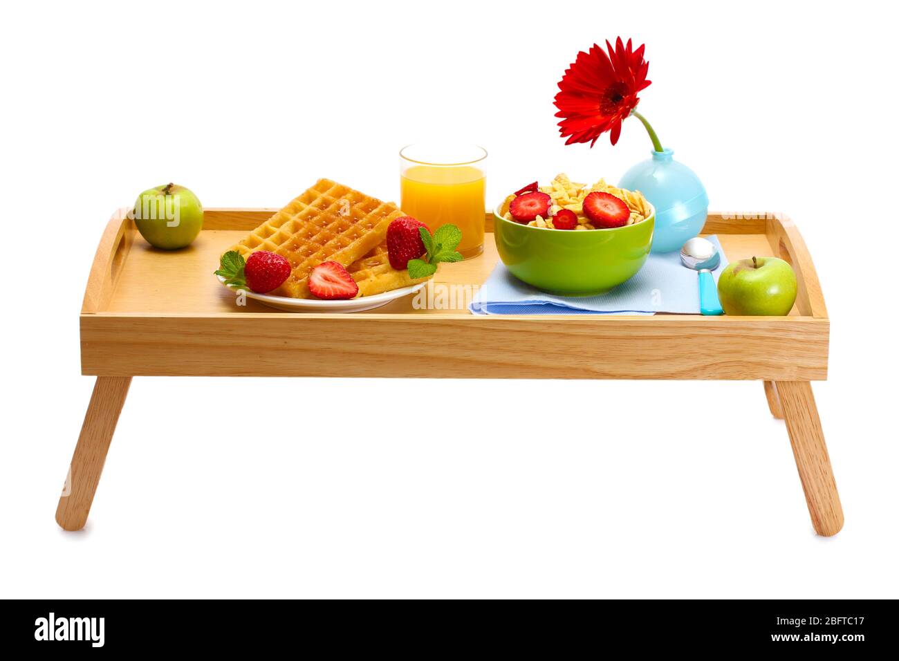 light breakfast on wooden tray isolated on white Stock Photo - Alamy