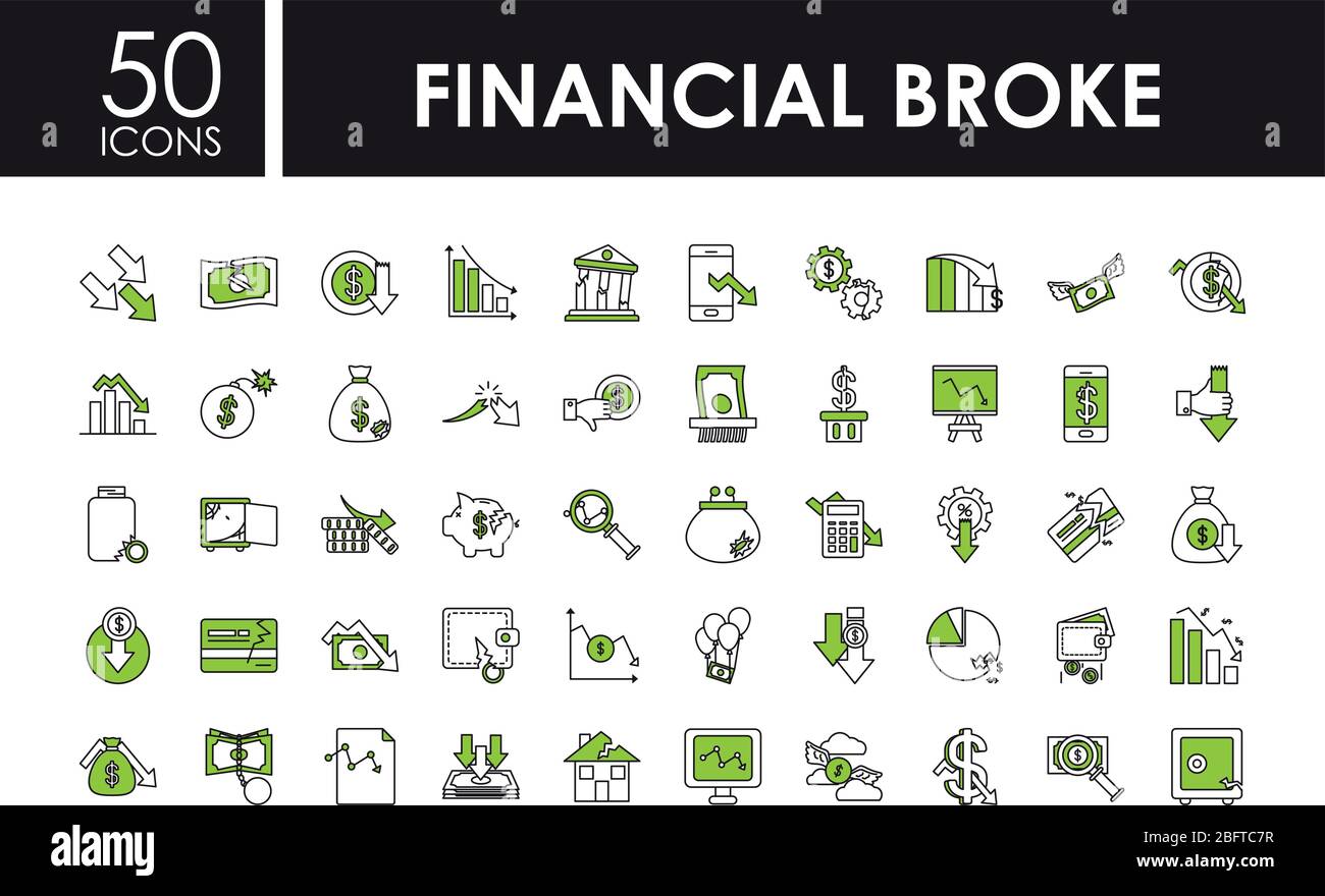 financial broke icon set over white background, half line half color ...