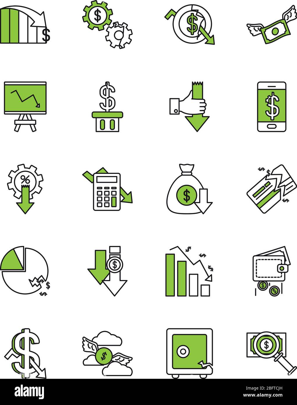 strongbox and economic recession icon set over white background, half ...