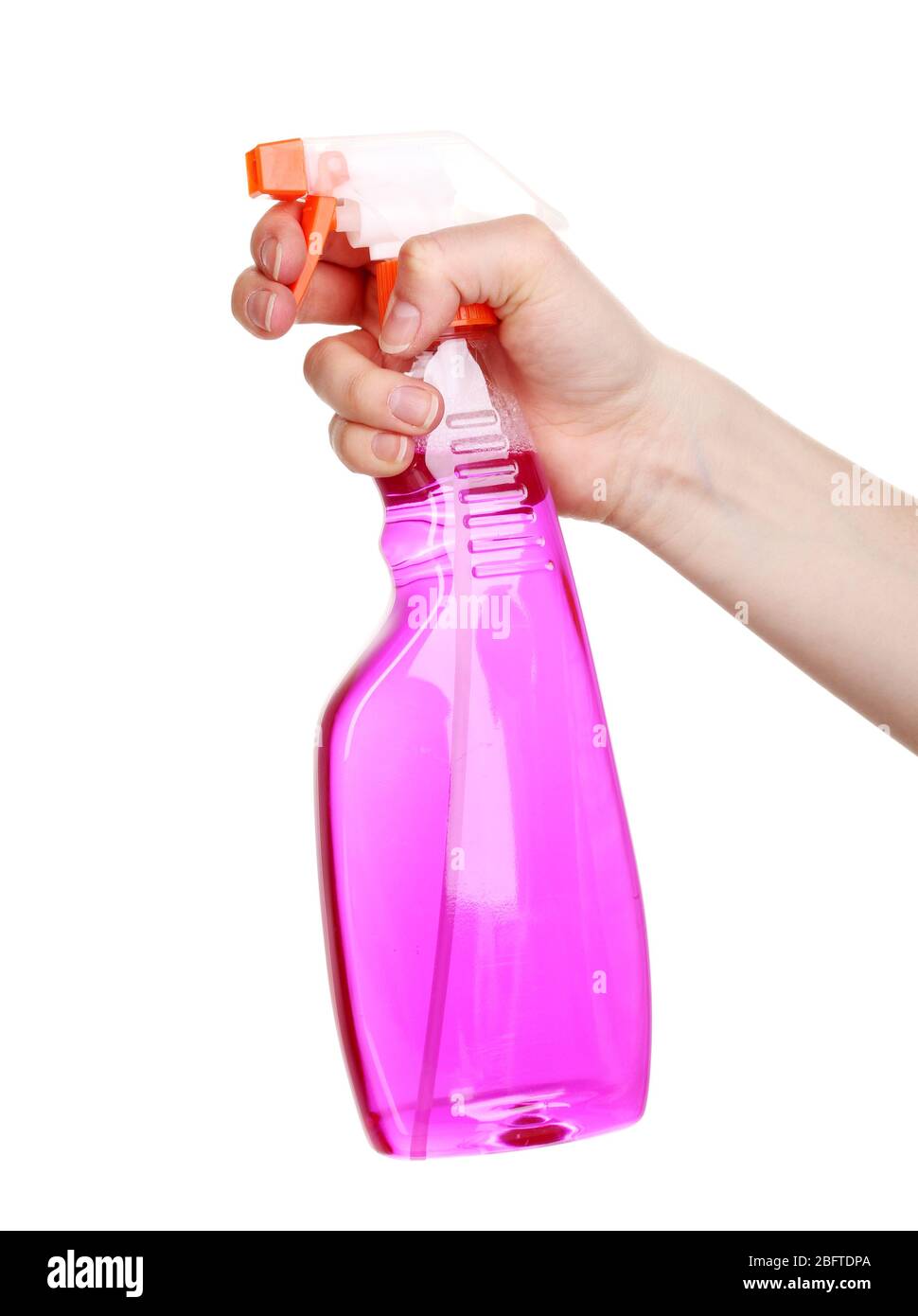 Cleaning spray in hand isolated on white Stock Photo - Alamy