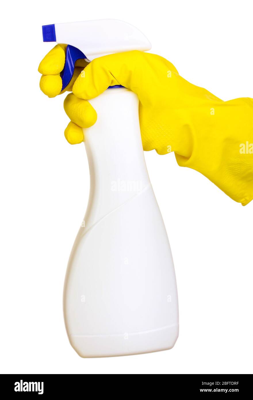 Cleaning spray in hand isolated on white Stock Photo - Alamy