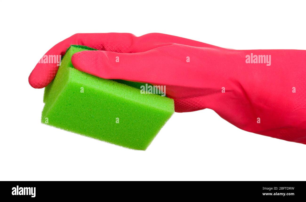 Sponge in hand isolated on white Stock Photo - Alamy