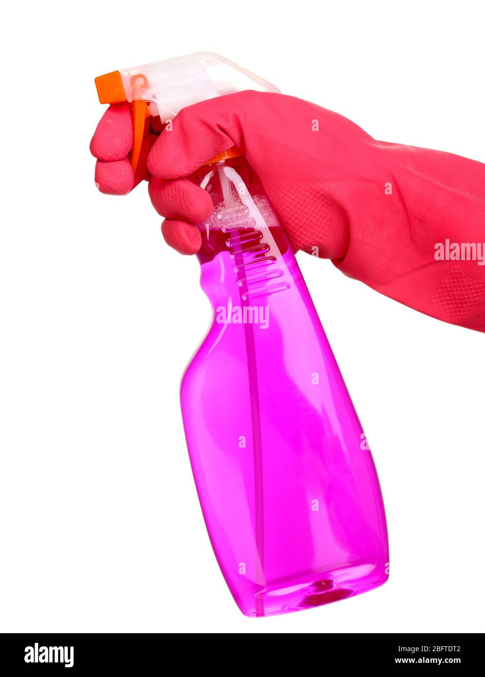 Cleaning spray in hand isolated on white Stock Photo - Alamy