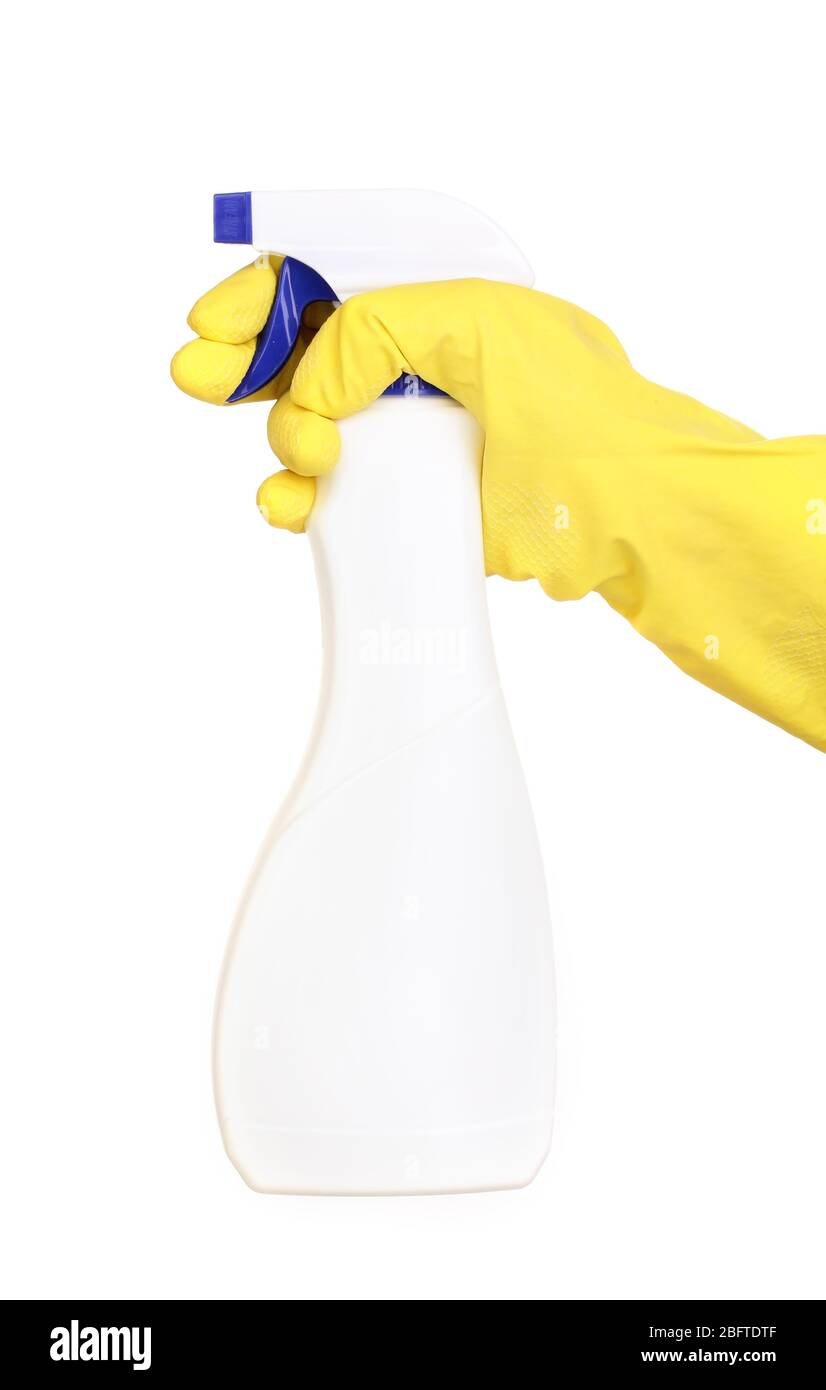 Cleaning spray in hand isolated on white Stock Photo - Alamy