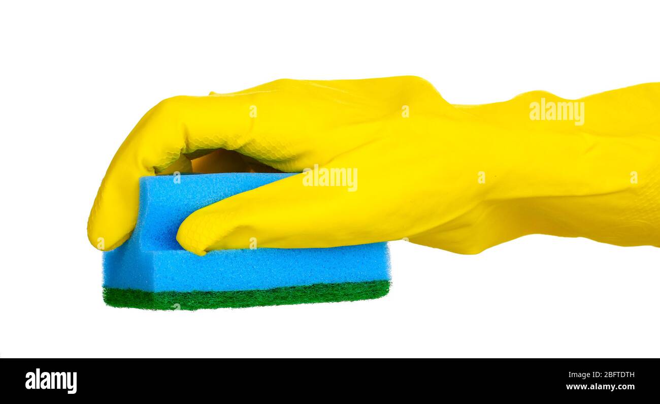 Sponge in hand isolated on white Stock Photo - Alamy