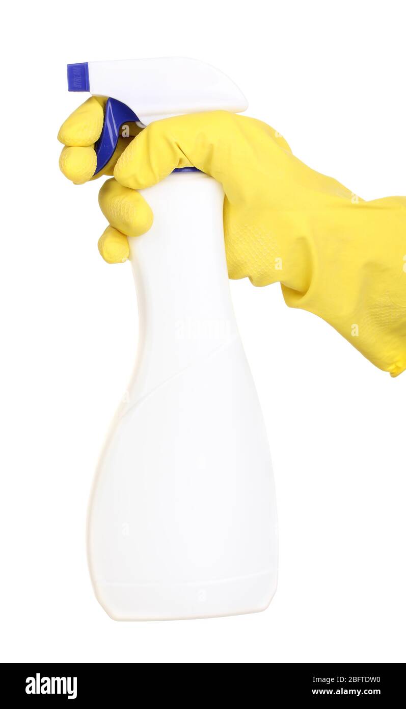 Cleaning spray in hand isolated on white Stock Photo - Alamy
