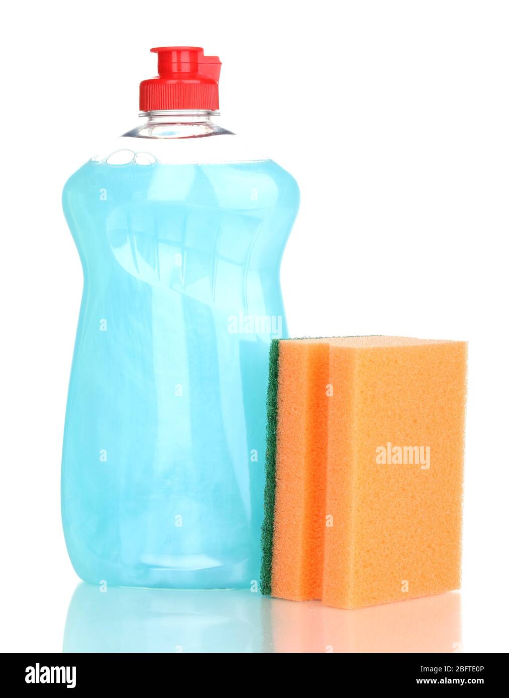 Dishwashing liquid and sponge isolated on white Stock Photo - Alamy