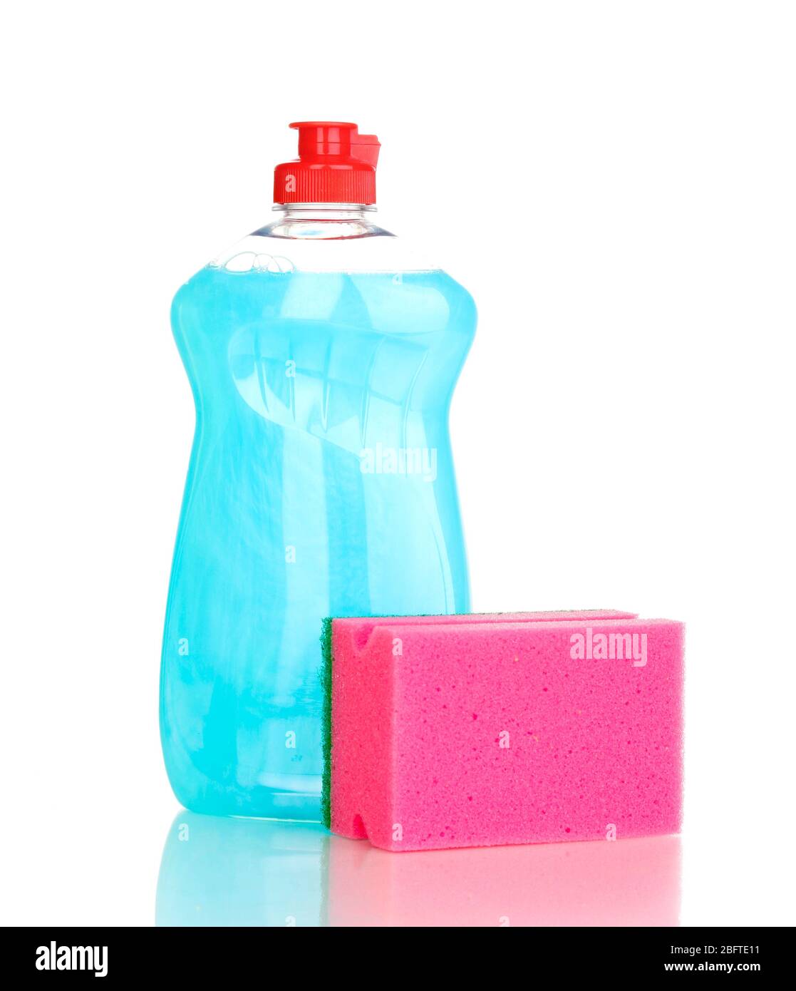 Dishwashing liquid and sponge isolated on white Stock Photo - Alamy