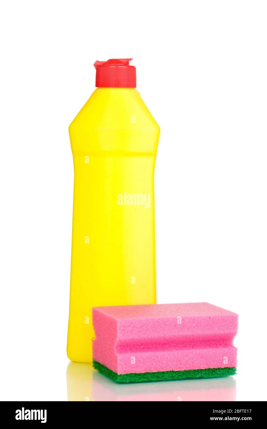Dishwashing liquid and sponge isolated on white Stock Photo - Alamy