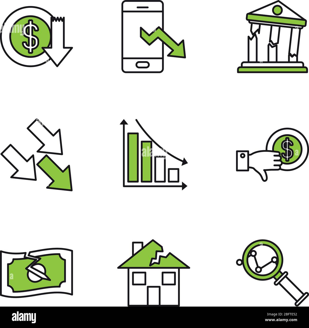 money items and economic recession icon set over white background, half ...
