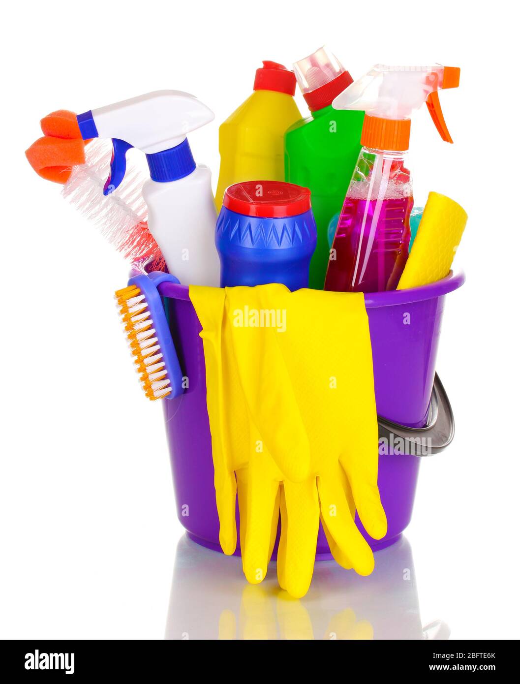 Cleaning items in bucket isolated on white Stock Photo - Alamy