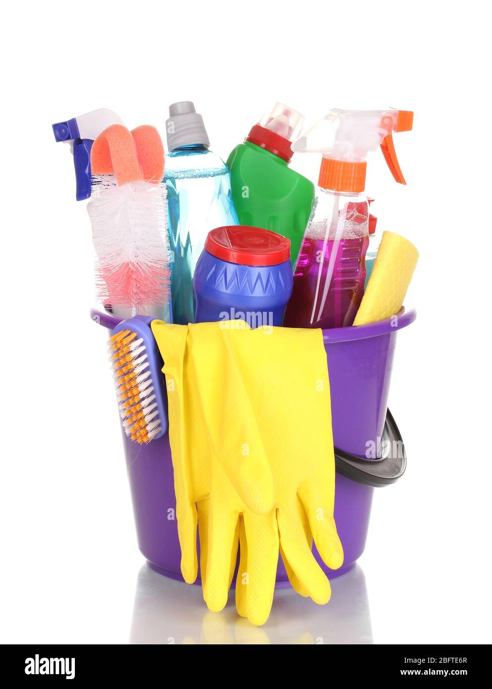 Cleaning items in bucket isolated on white Stock Photo - Alamy