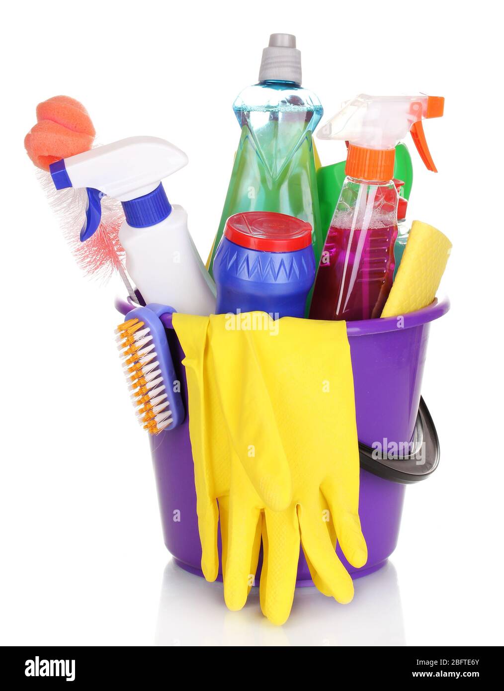 Cleaning items in bucket isolated on white Stock Photo - Alamy