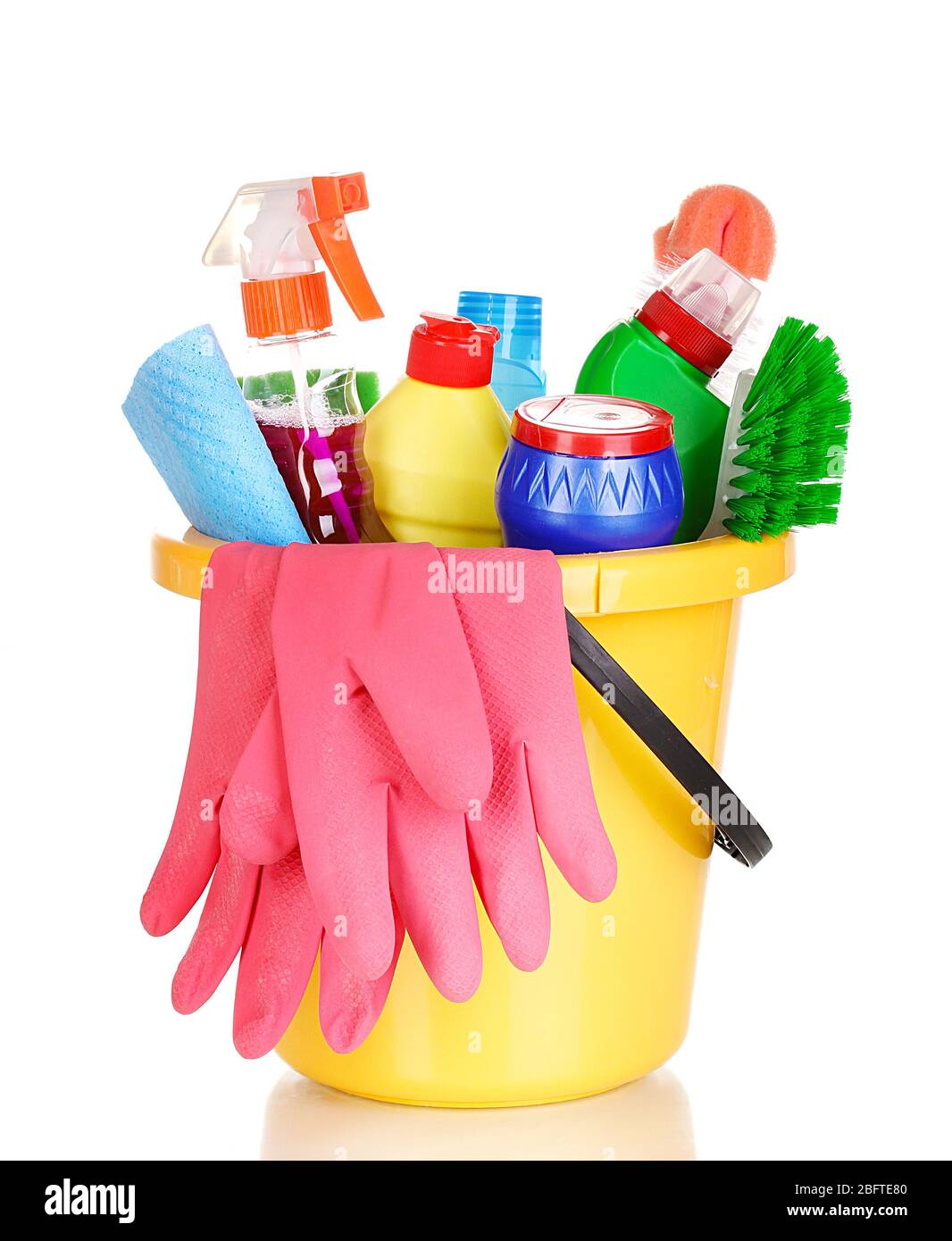 Cleaning items in bucket isolated on white Stock Photo - Alamy