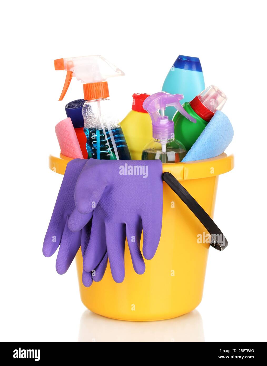 Cleaning items in bucket isolated on white Stock Photo - Alamy