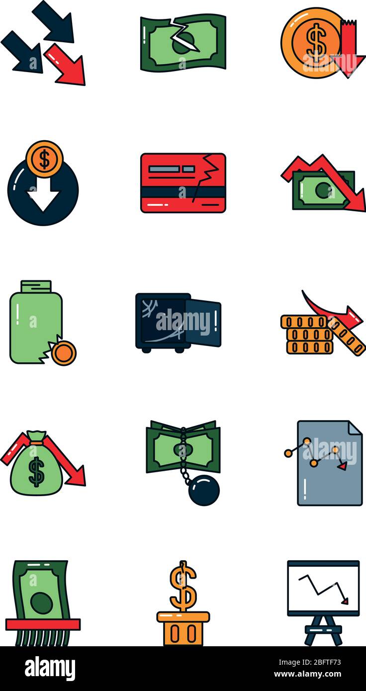 money and economic recession icon set over white background, line and ...