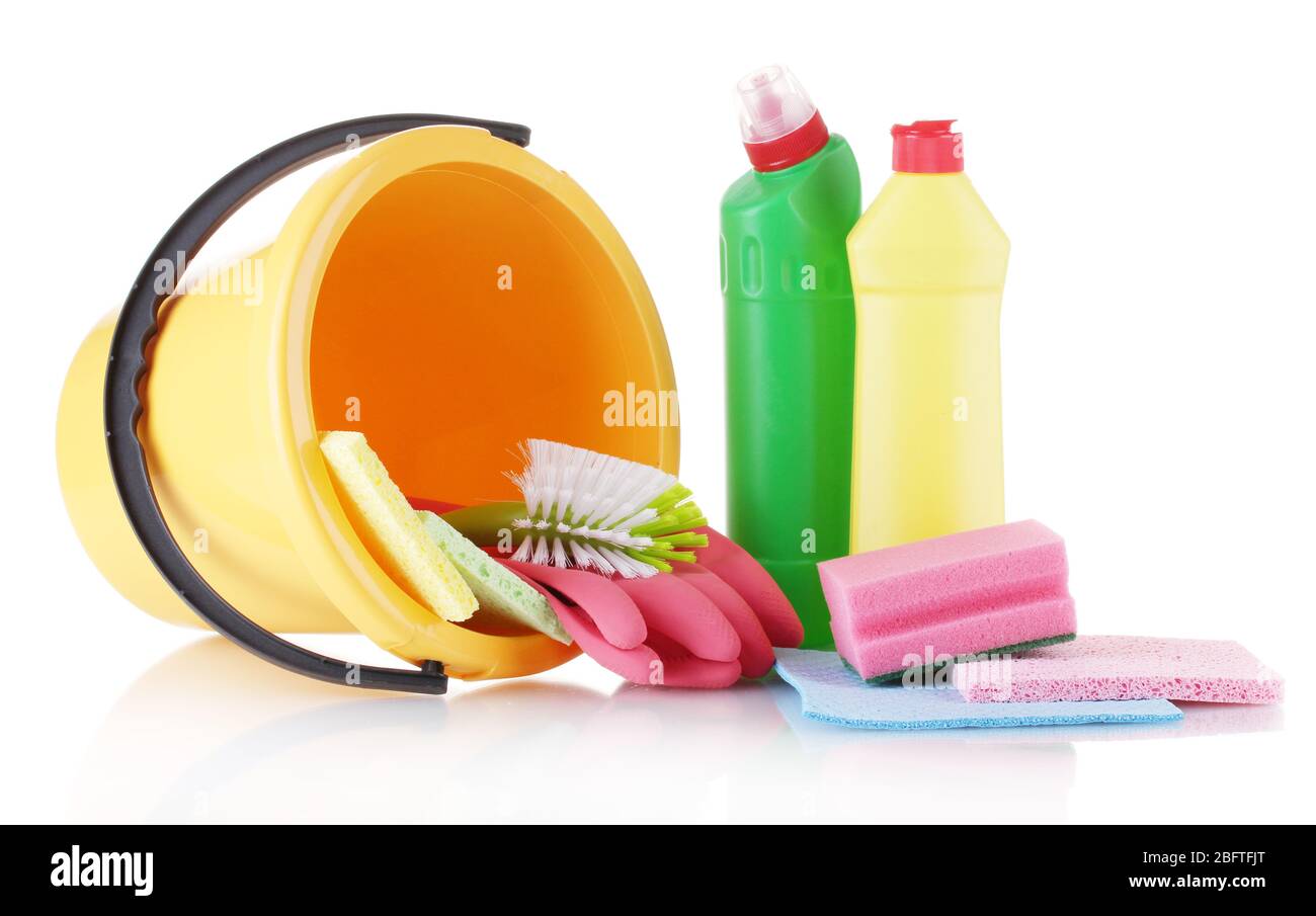 Composition of cleaning products with a bucket isolated on white Stock ...
