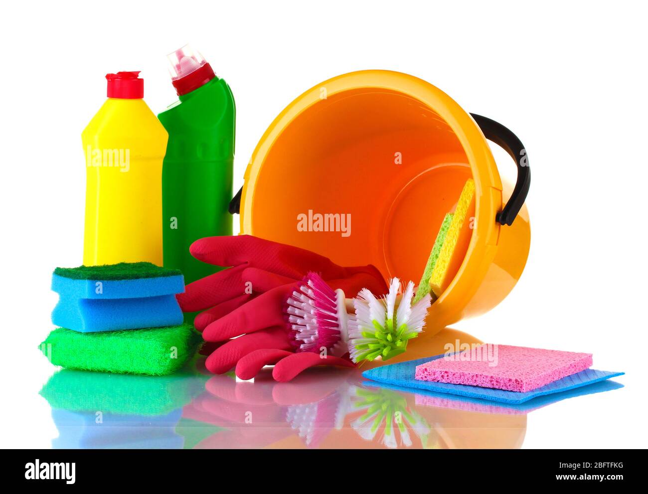 Composition of cleaning products with a bucket isolated on white Stock ...