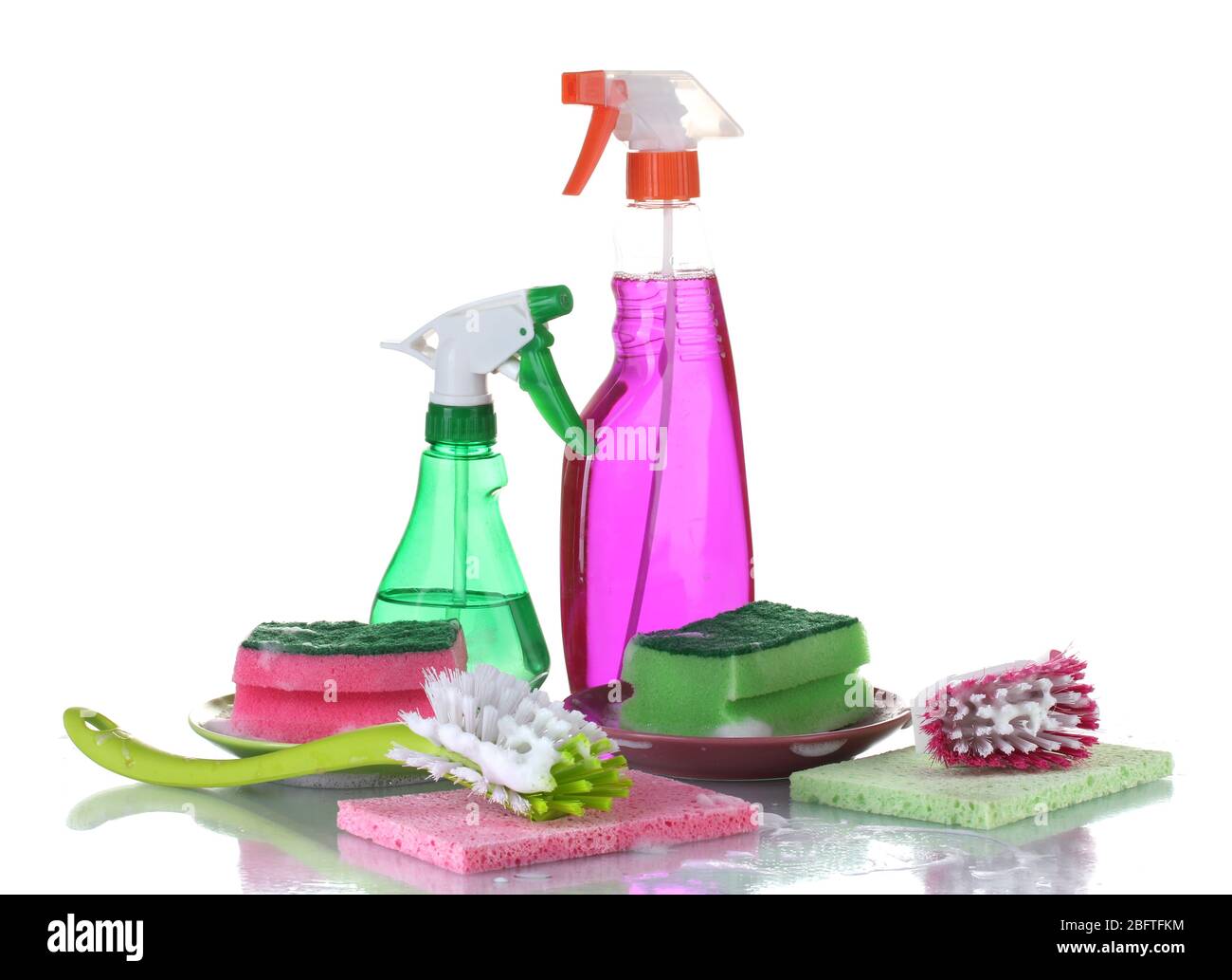 Washing dishes. Cleaning products isolated on white background Stock ...