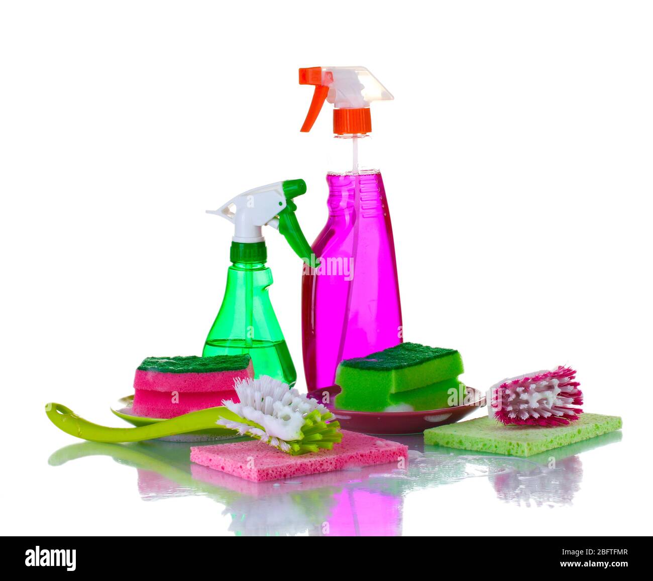 Washing dishes. Cleaning products isolated on white background Stock ...