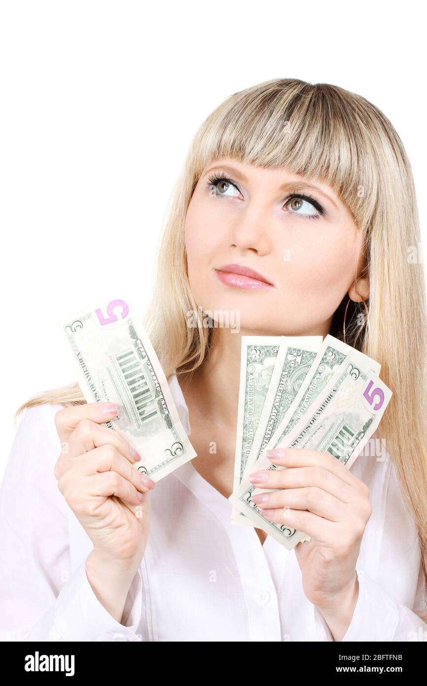 Business woman holding money isolated on white Stock Photo - Alamy