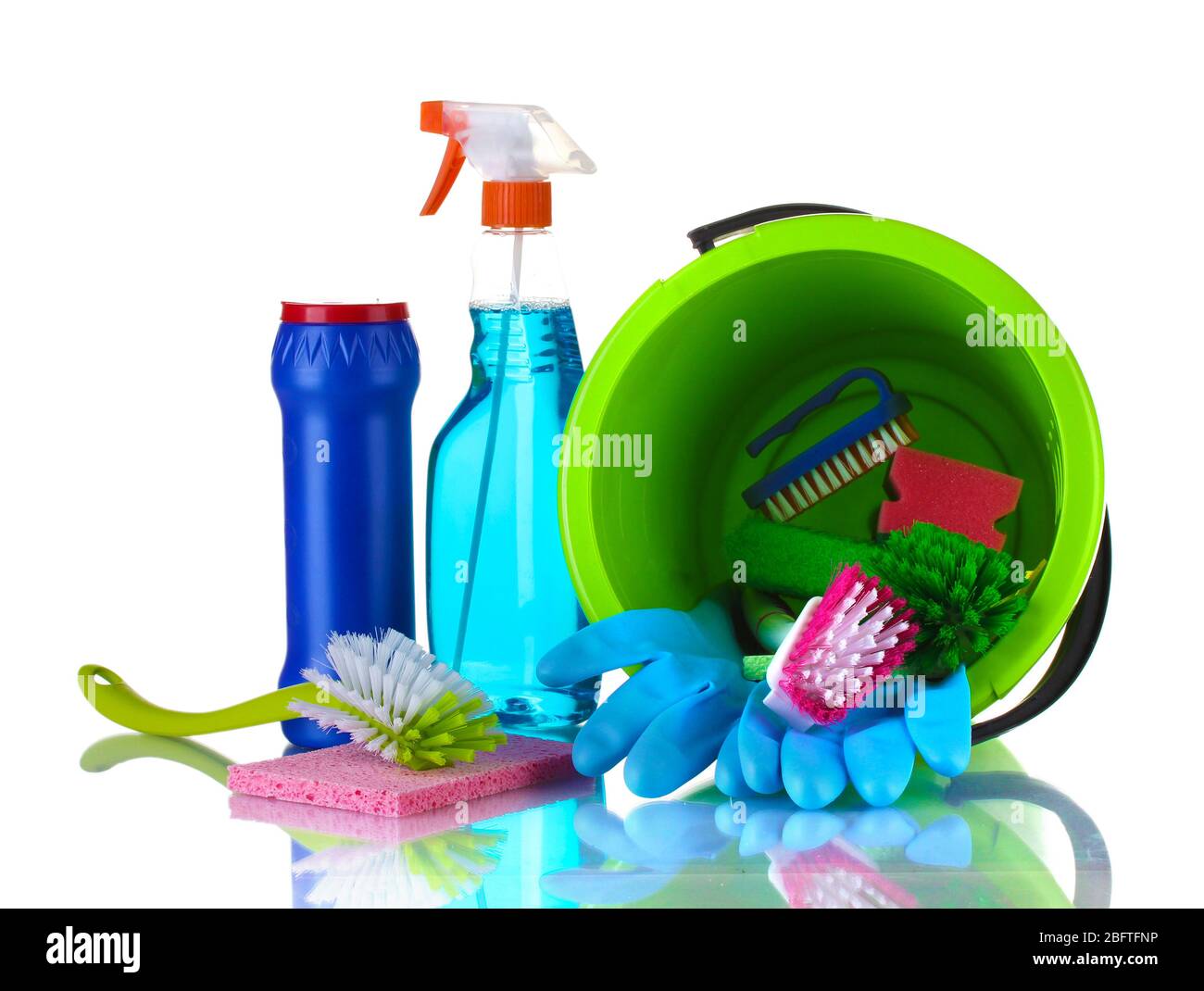 Composition of cleaning products with a bucket isolated on white Stock ...