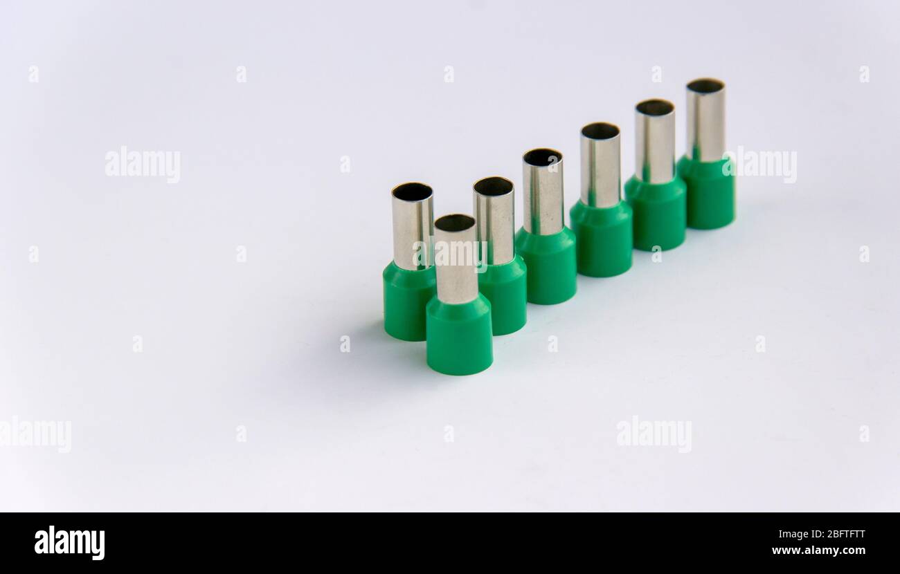 electrical crimp terminal connector. metal terminals isolated on white ...