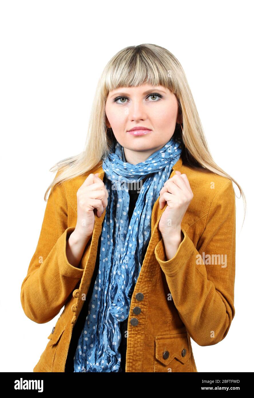 Beautiful young woman in bright jacket isolated on white Stock Photo ...