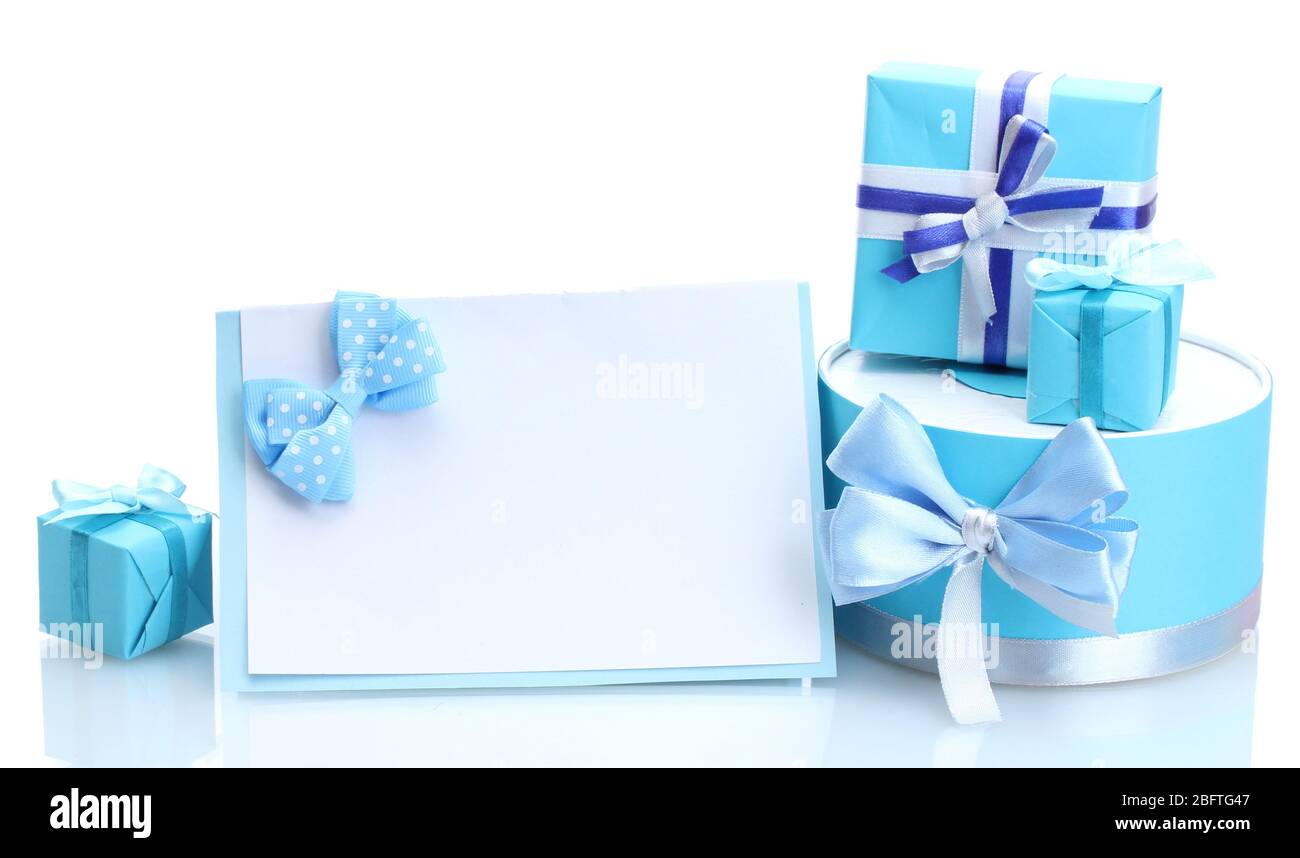 blue gifts with bows and blank postcard isolated on white Stock Photo ...