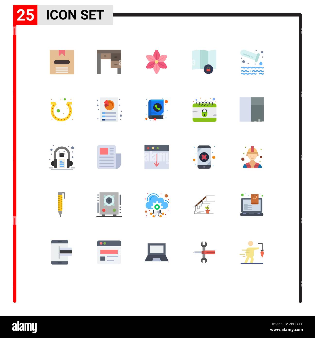 Flat Color Pack of 25 Universal Symbols of tube, gas, flower, map ...