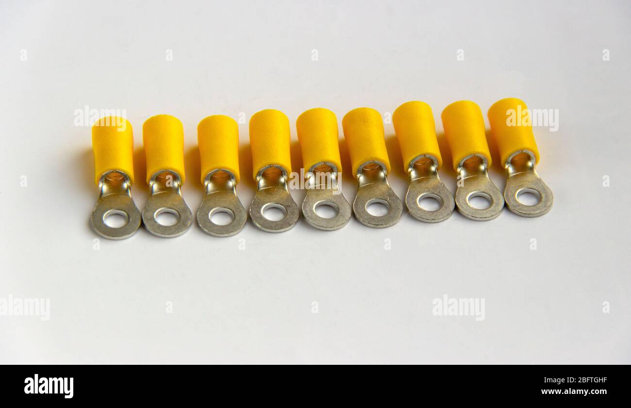 electrical crimp terminal connector. metal terminals isolated on white ...