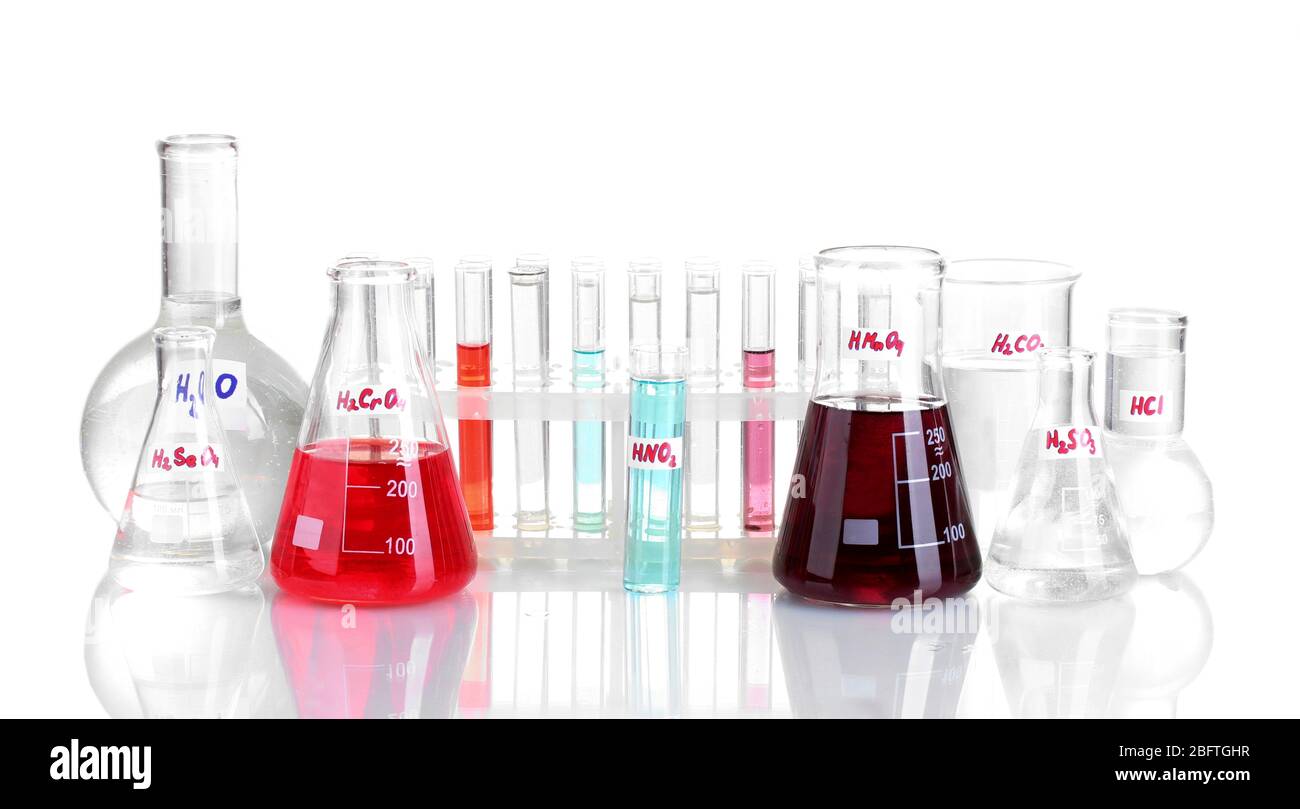 Test-tubes with various acids isolated on white Stock Photo - Alamy