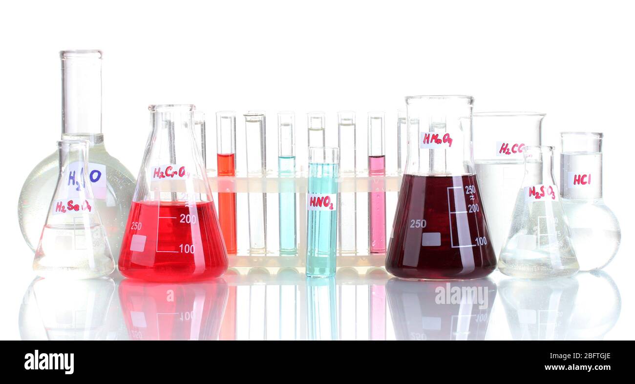 Test-tubes with various acids isolated on white Stock Photo - Alamy