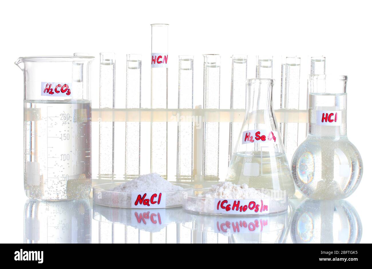 Test-tubes with various acids and chemicals isolated on white Stock ...