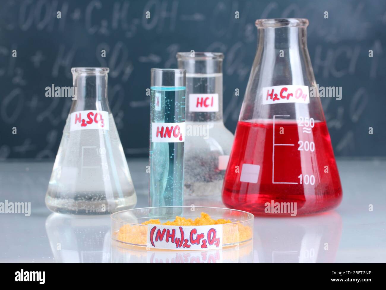 Test-tubes with various acids and other chemicals on the background of ...