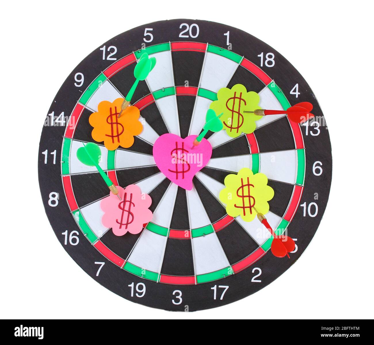 Darts with stickers depicting the life values isolated on white. The ...