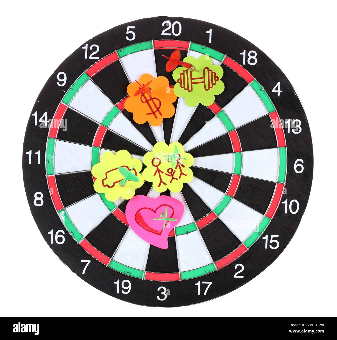 Darts with stickers depicting the life values isolated on white. The ...