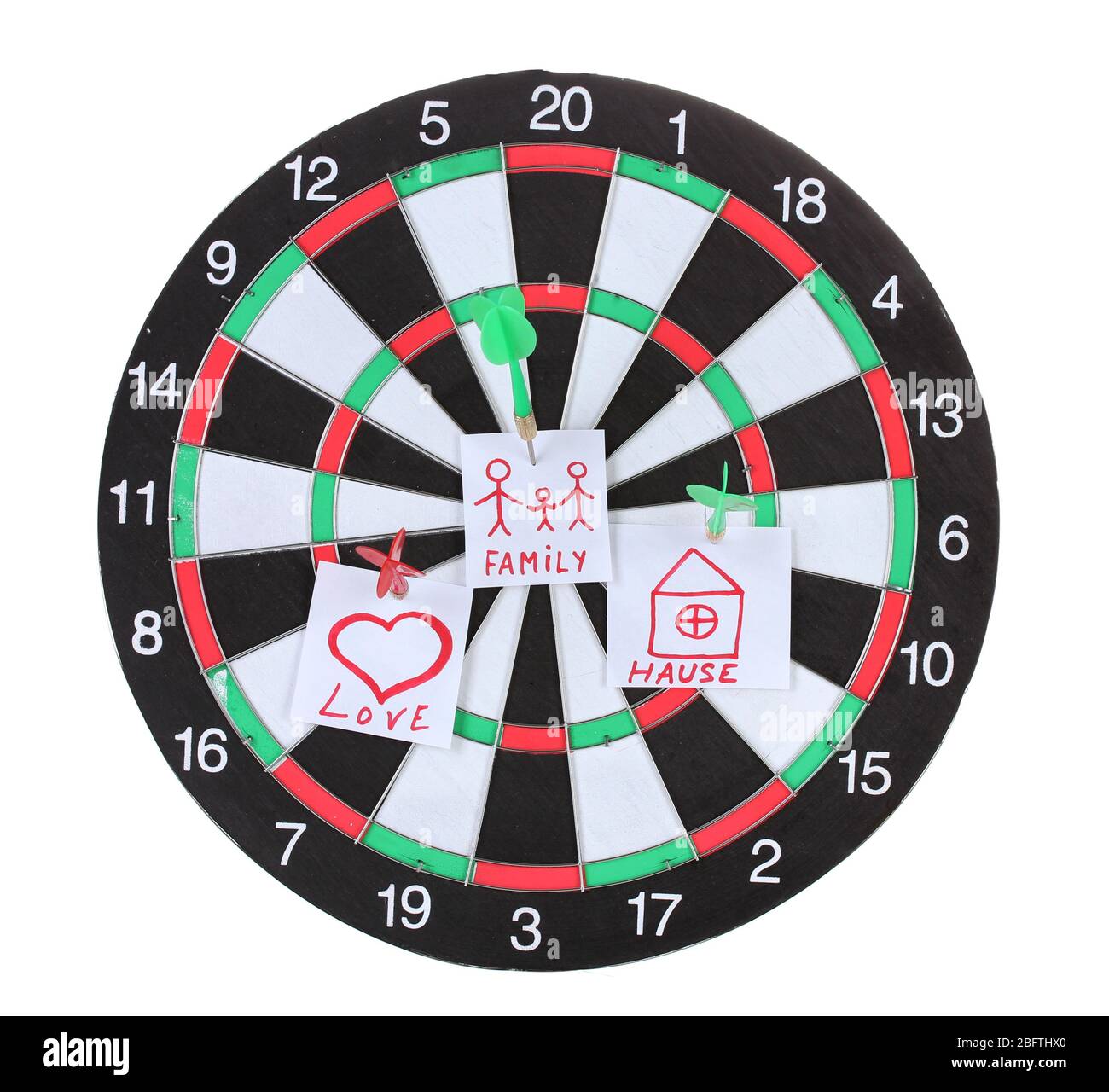 Darts with stickers depicting the life values isolated on white. The ...