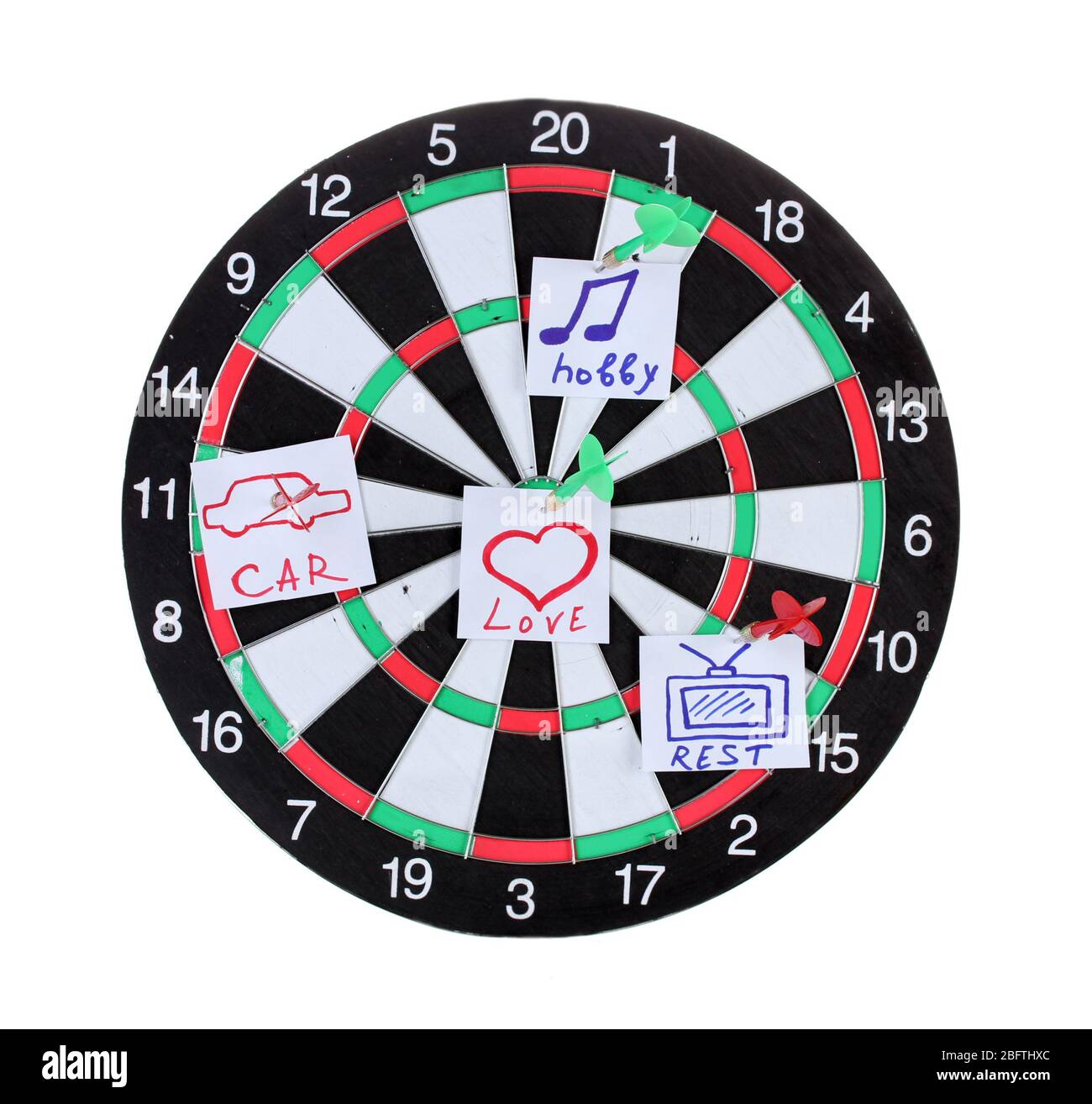 Darts with stickers depicting the life values isolated on white. The ...