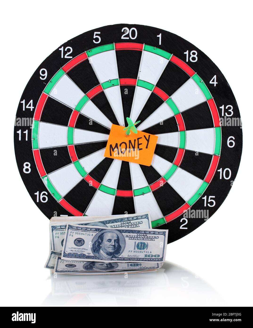 Darts with a sticker symbolizing money isolated on white background ...