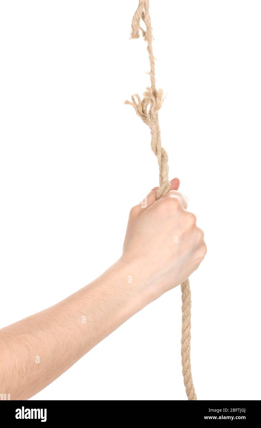 Breaking rope and hand isolated on white Stock Photo - Alamy