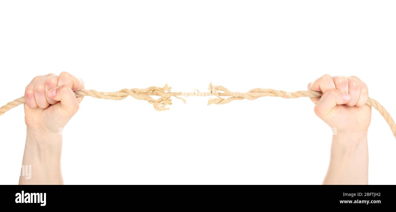 Breaking rope in hands isolated on white Stock Photo - Alamy