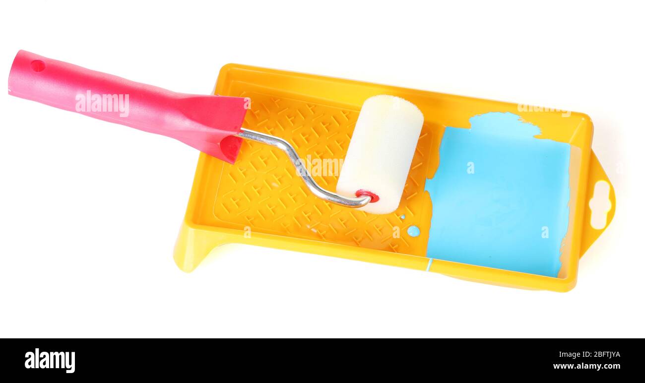 Paint roller and tray with blue paint isolated on white Stock Photo - Alamy