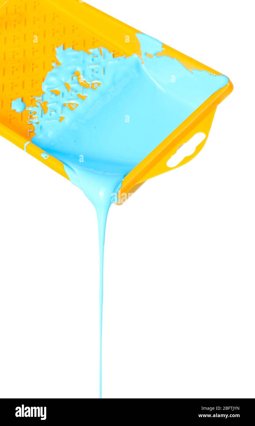 Tray with blue paint isolated on white Stock Photo - Alamy