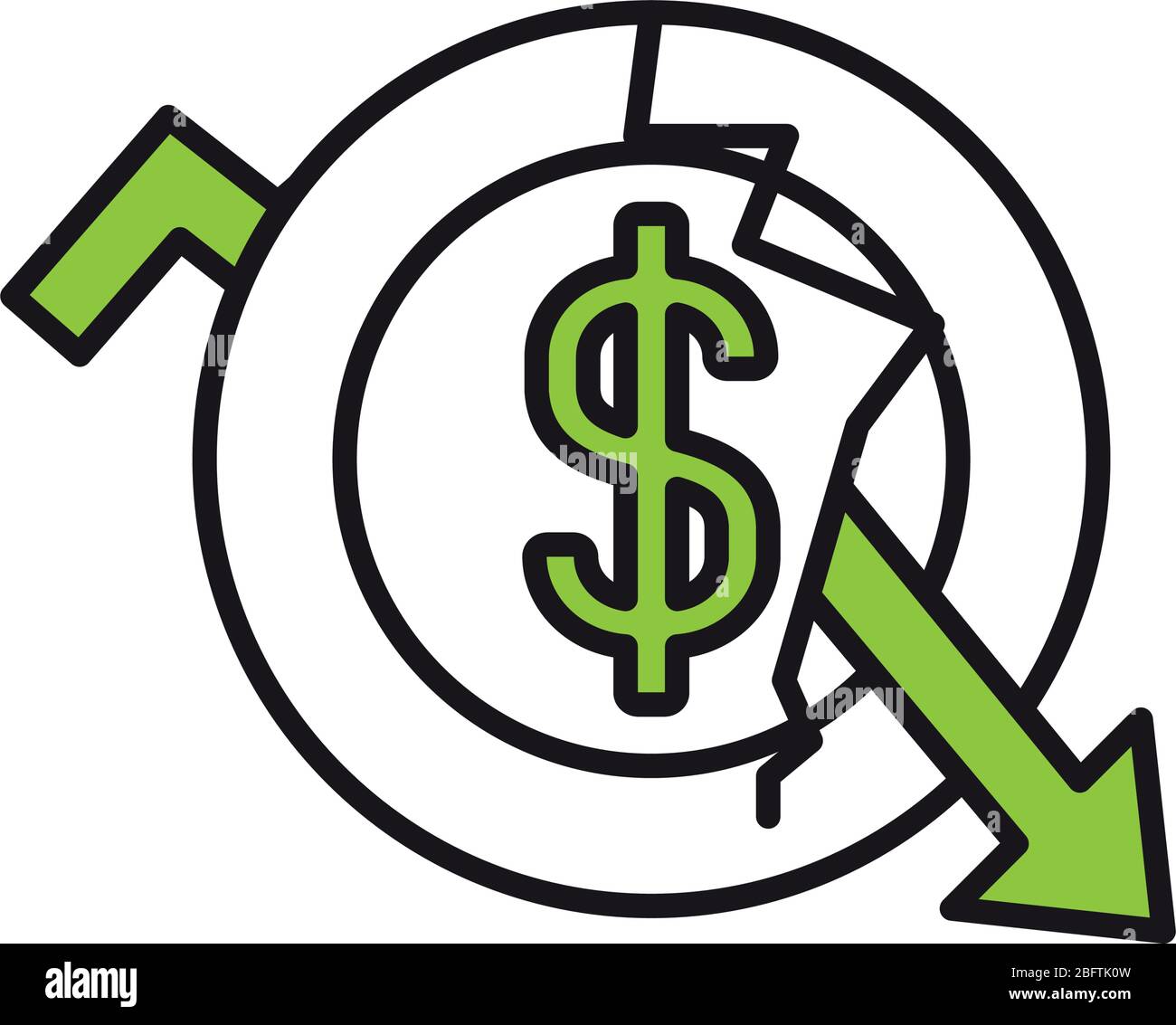 broken money coin and financial arrow over white background, half color ...