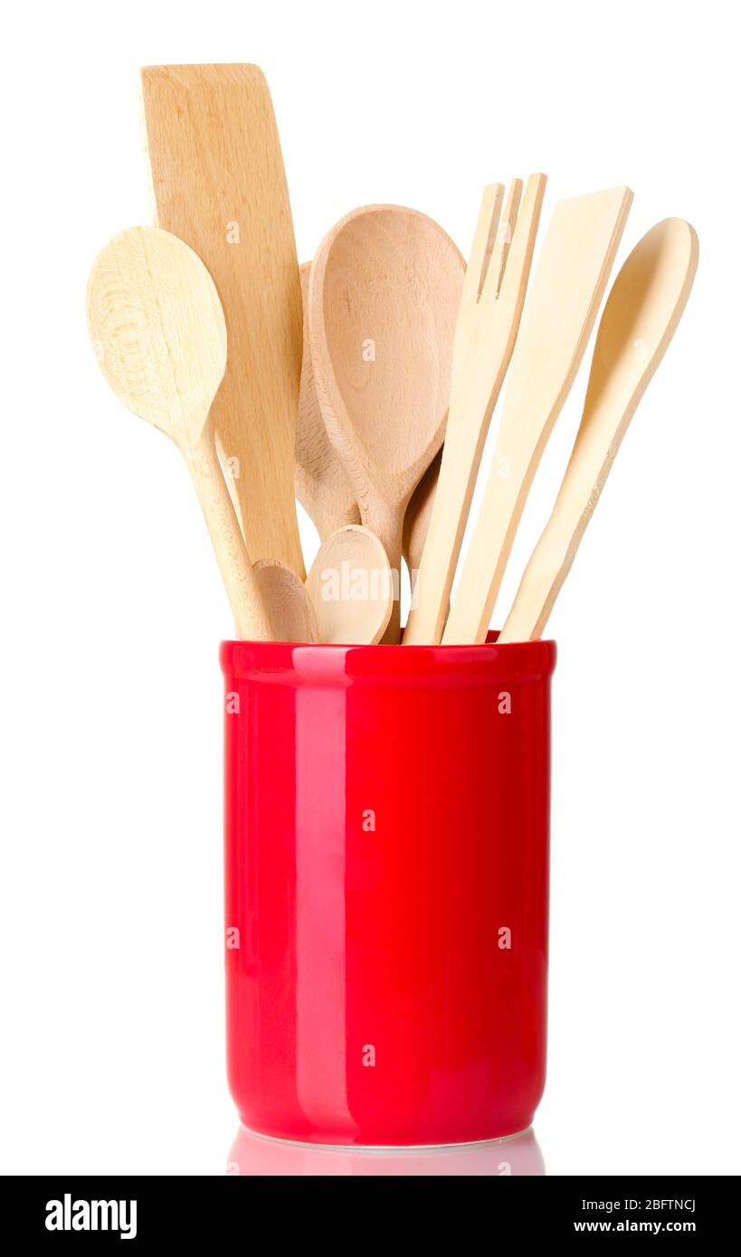 wooden kitchen utensils in cup isolated on white Stock Photo - Alamy