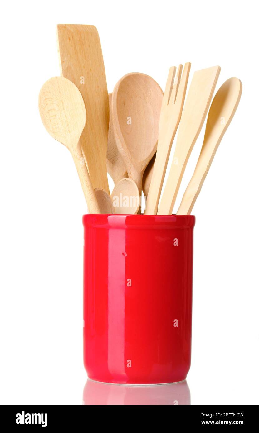 wooden kitchen utensils in cup isolated on white Stock Photo - Alamy