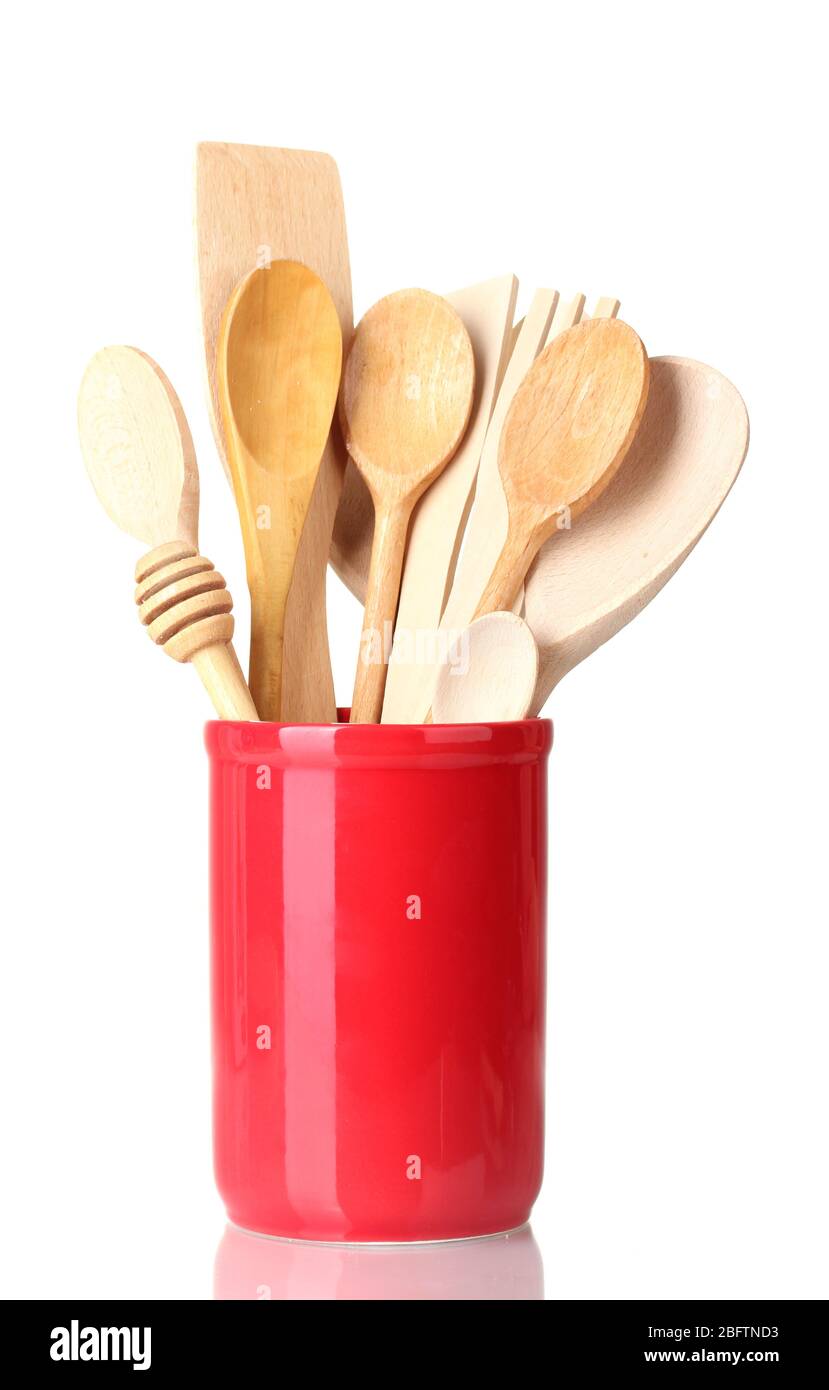 wooden kitchen utensils in cup isolated on white Stock Photo - Alamy